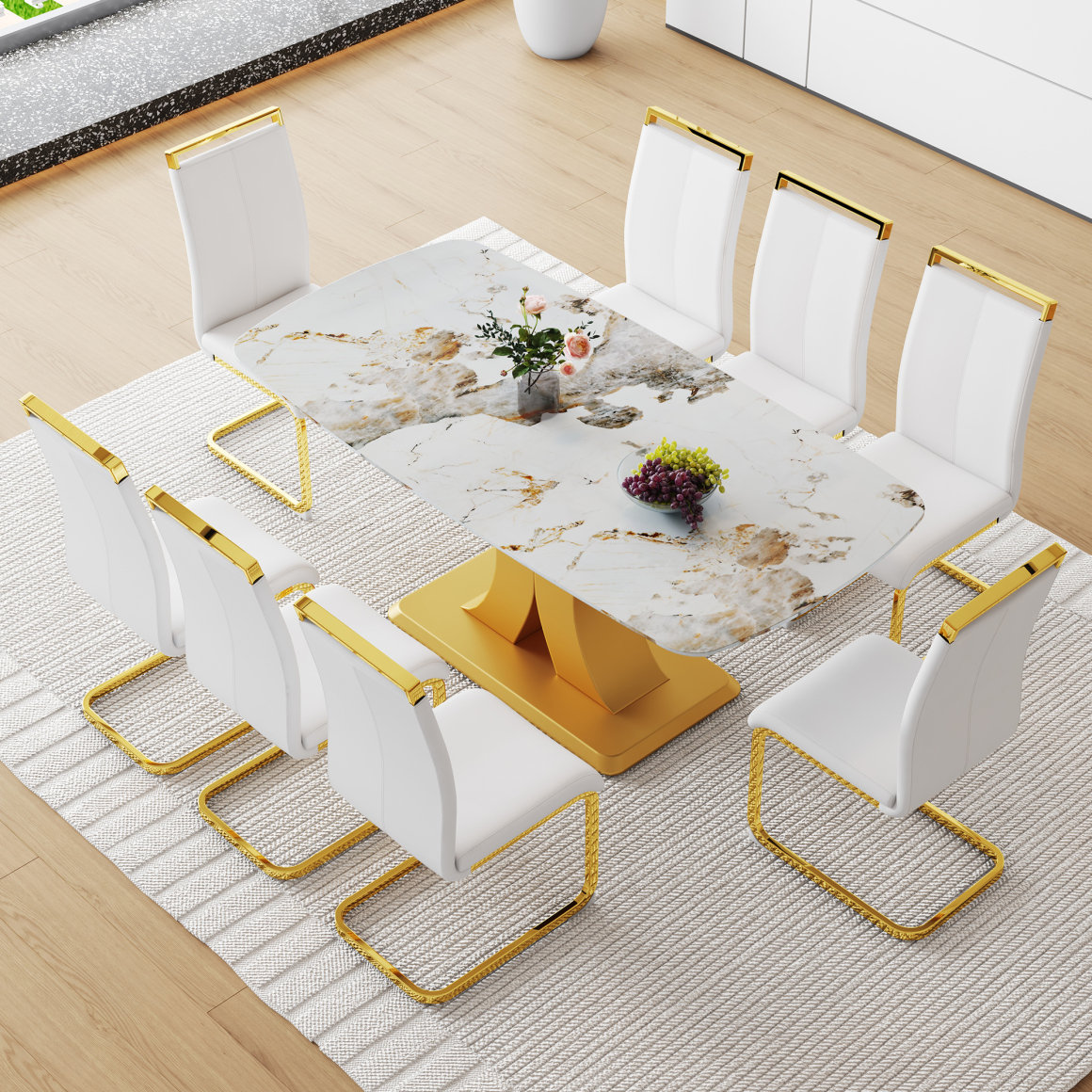 Mercer41 Table And Chair Set.71"X35.4"X30" Luxurious Pandora Patterned Glass Dining Tabletop ...